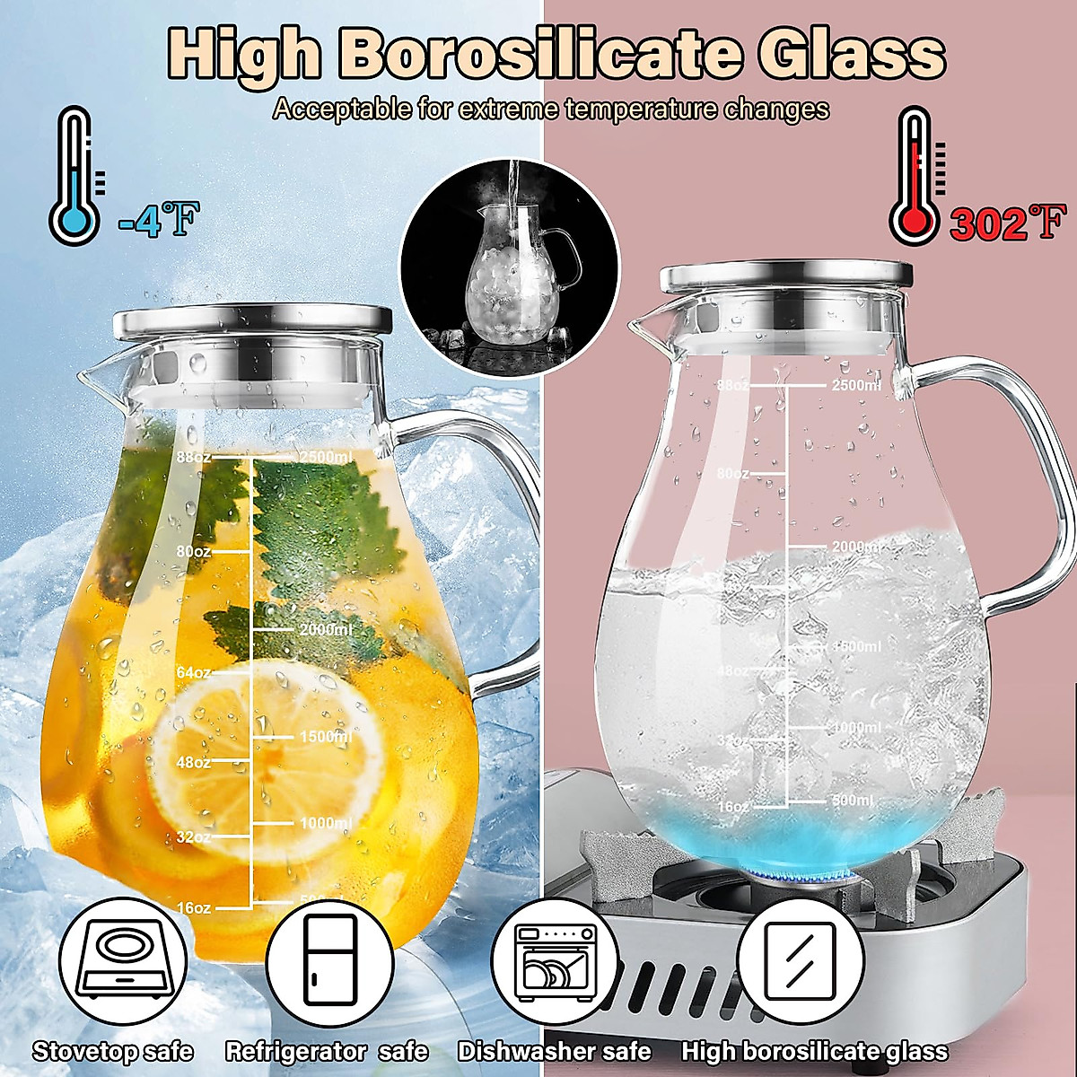 Glass Teapot Stovetop & Microwave Safe, Heatproof Borosilicate Glass Teapot Water Pitcher with Wooden Lid and Removable Filter, Teapot for Loose Leaf and Fruit Tea and Fragrant Tea (2500MI(88OZ))