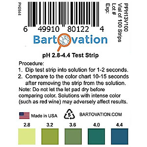 pH Test Strips for Wine Making, Homebrew, Acidity, 2.8 to 4.4 pH [Vial of 100 Plastic Strips]