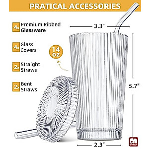 GMISUN Iced Coffee Cups with Lids, Glass Cups with Lids and Straws, Ribbed Glassware, Drinking Glasses Set of 4, Vintage Glassware Cocktail Glasses 14oz for Cocktail, Gift