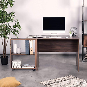 CozyCasa Computer Desk, Writing Study Table Desk with 2-Tier Movable Side Bookshelf for Home Office Modern PC Laptop Notebook Table Workstation Gaming Desk