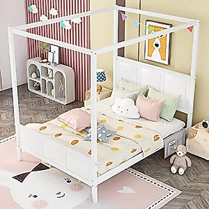 CITYLIGHT Canopy Bed with Headboard & Footboard,Wooden Canopy Bed Frame Queen , Queen Platform Bed Frame with Slat Support Legs for Teens Adults, No Box Spring Needed (Queen ,White)