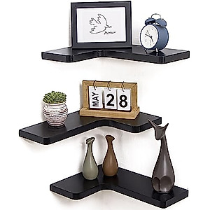 fuqing Corner Floating Shelves, Wall Shelf Set of 3, Shelves for Wall Storage, Solid Wood Shelves for Storage, Wall Mount Wooden Display Shelf for Bathroom Bedroom Kitchen Garage, Black