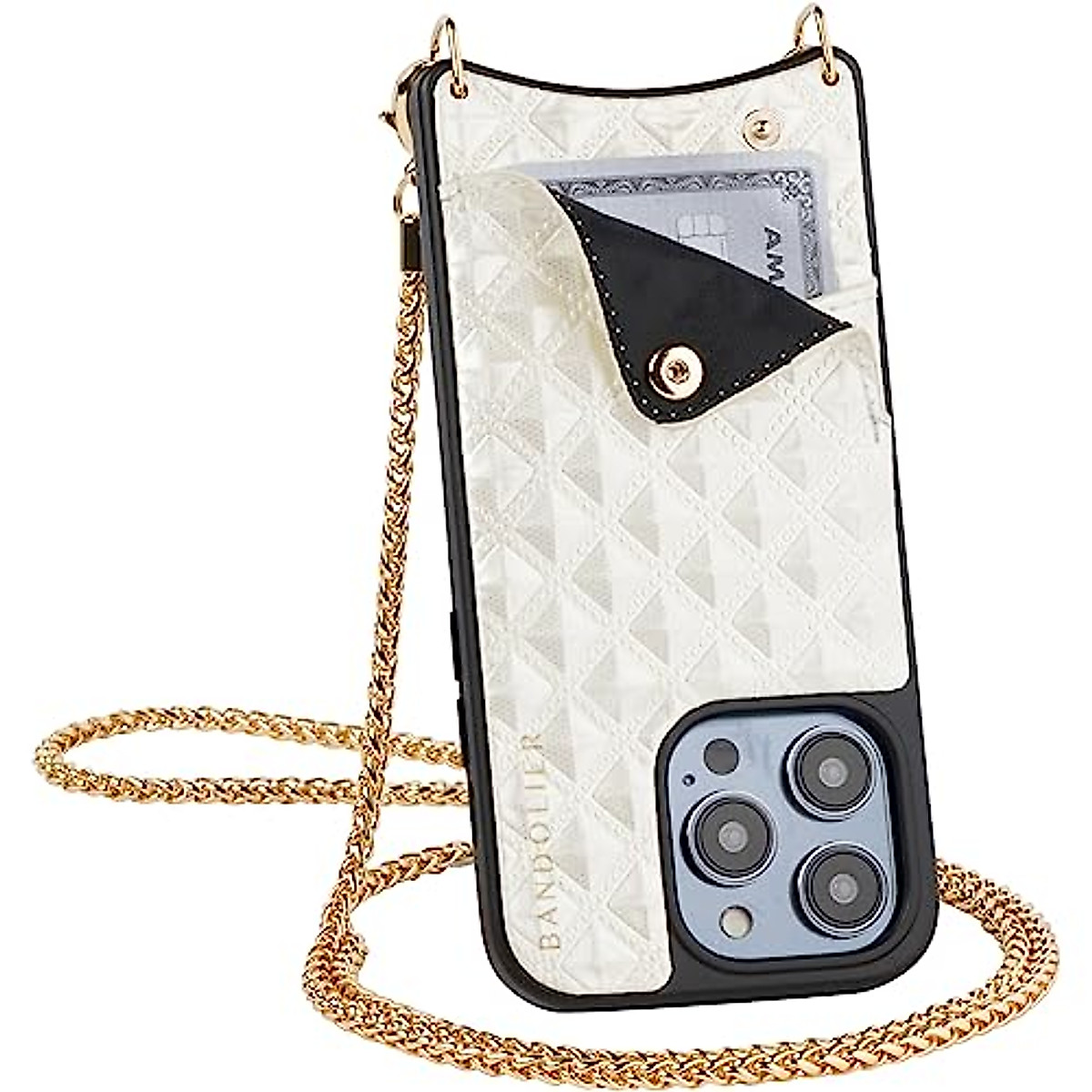 Bandolier Sheila Crossbody Phone Case and Wallet for iPhone 14 - Pyramid Studded Creme Vegan Leather with Gold Detail