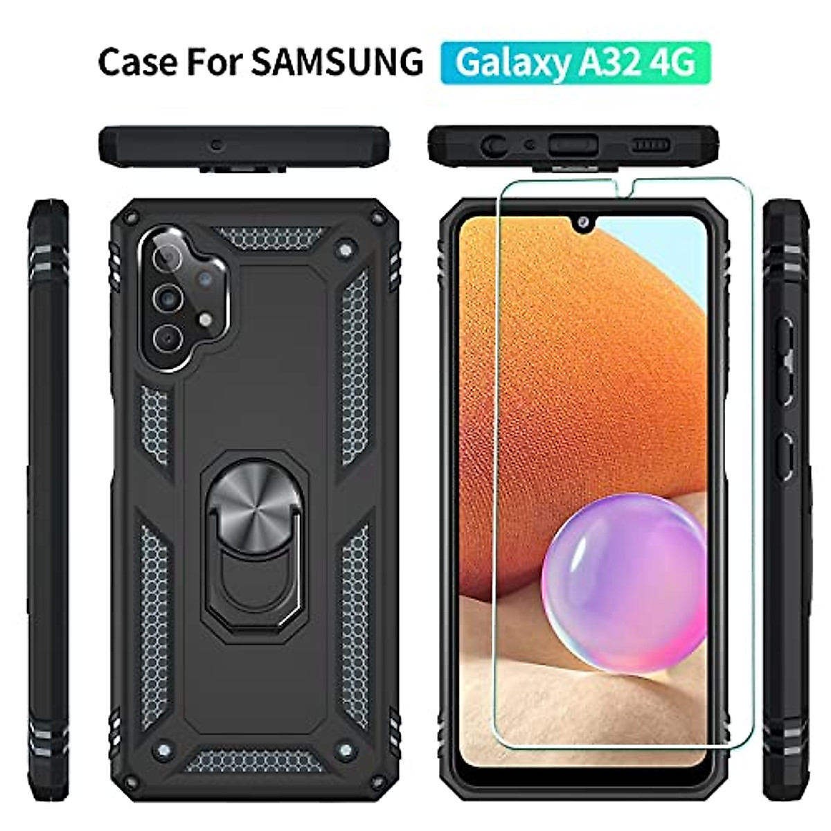 Anvzle for Samsung Galaxy A32 4G [Not Fit A32 5G] Case with [2 Pack] Tempered Glass Screen Protector, Galaxy A32 4G Heavy Duty Armor [Military-Grade] Protective, with Magnetic Ring Stand Cover (Black)