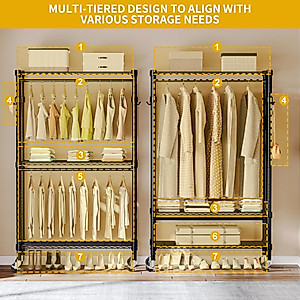 DWVO Rolling Clothes Rack with Wheels, Heavy Duty Garment Rack with 3 Tiers Adjustable Wire Shelving, Portable Clothing Rack for Cloakroom Bedroom Laundry Storage Organizer, Black