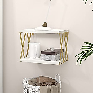 Afuly Floating Nightstand Wall Mounted, 12 Inch Bedside Table for Bedroom Storage Decor, Modern White Gold Wall Shelves for Home Livingroom Bathroom Kitchen Decor