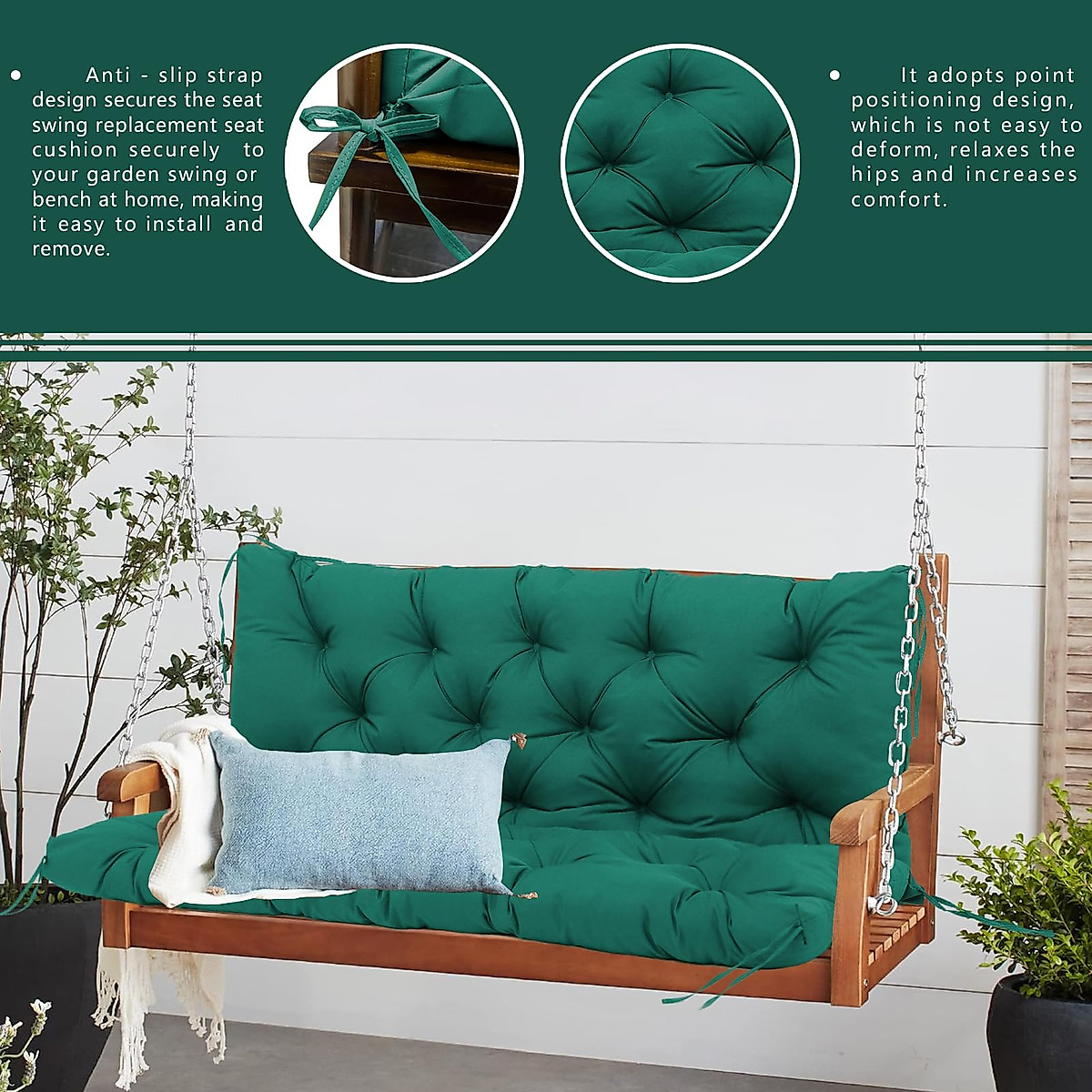 Porch Swing Cushions Waterproof Outdoor Swing Cushions 2-3 Seater Thicken 5" Dark Green Patio Swing Cushion with Backrest 60 ×40" Swing Replacement Cushion for Outdoor Furniture