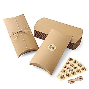 Eupako 6.3x3.7x1 Kraft Pillow Boxes 50 Pack Large Pillow Gift Box Brown Paper Candy Favor Boxes with Twines for Wedding Party