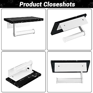 Toilet Paper Holder with Shelf，Wall Mounted Black Toilet Paper Holder，Marble Tissue Roll Holder for Bathroom Washroom(Middle 7.87 * 4.72 in)