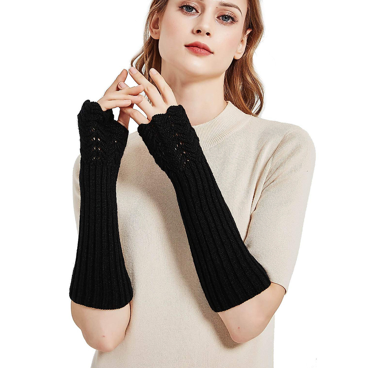 Novawo Women Fashion Arm Warmers Long Fingerless Gloves Winter Warm Knitted Gloves
