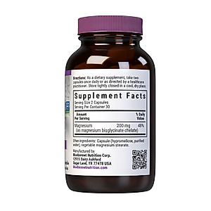 Bluebonnet Nutrition Albion Chelated Magnesium Vegetable Capsule, 200 mg, Stress Relief, Vegan, Non GMO, Gluten Free, Soy Free, Milk Free, Kosher, 60 Vegetable Capsule, 1 Month Supply