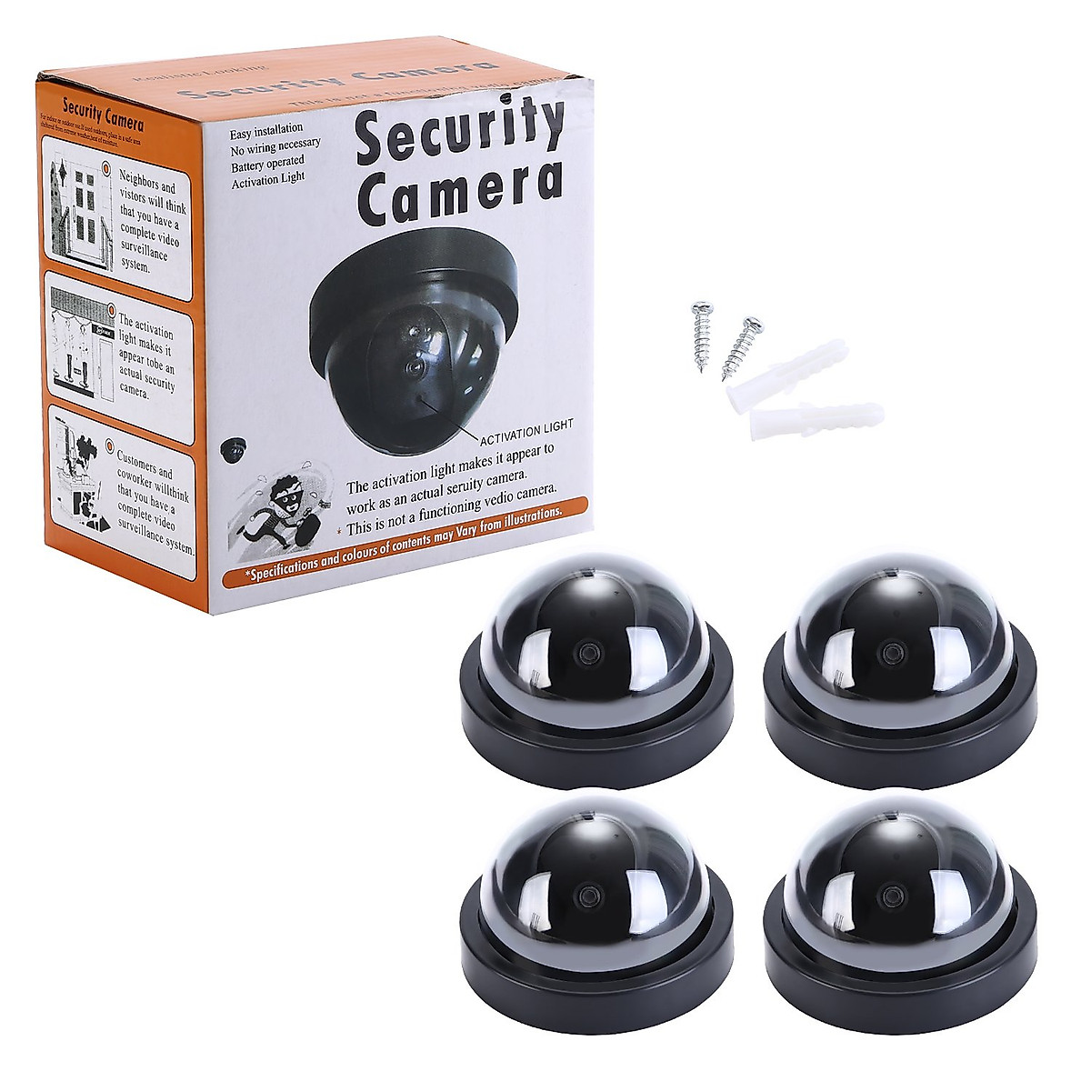 NONMON 4 Pack Dummy Fake Camera Security CCTV Dome Cameras with Flashing Red LED Light for Indoor Outdoor Home Business, Black
