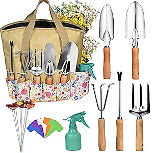 Garden Tools Set 25PCS, Gardening Gifts for Women, Succulent Tool Rust-Proof, Heavy-Duty Hand Tool Kits with Floral Organizer Bag