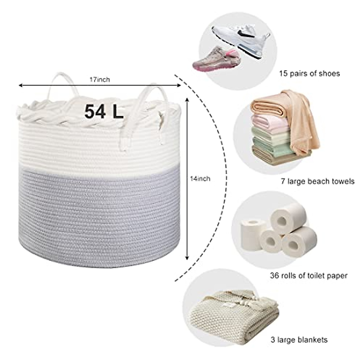 Eternal Beauty Cotton Rope Basket 17”W X14”H Large Woven Storage Basket for Blanket Living Room, Decorative Toy Baby Basket for Kids Nursery, Grey