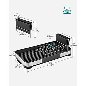 SONGMICS Small Dish Drying Rack, Dish Dryer for Kitchen Counter, Stainless Steel Dish Rack with Drain, Utensil Holder, Rustproof, for Dishes, Knives, Spoons, Forks, Silver and Black UKCS034B01