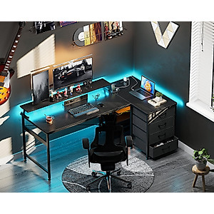ODK 55-Inch L Shaped Gaming Desk with LED Lights & USB Power Outlets, Reversible Computer Desk with 4 Drawers, Corner Gamer Desk with CPU Shelf & Monitor Stand, Gaming Table for Bedroom, Black