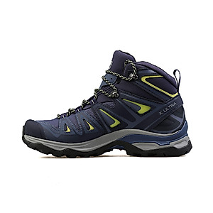 Salomon X Ultra 3 MID Gore-TEX Hiking Boots for Women, Crown Blue/Evening Blue/Sunny Lime, 10.5 Wide