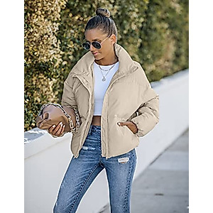 MEROKEETY Women's Long Sleeve Full Zip Puffer Coats Stand Collar Pockets Warm Padded Down Jackets, LightKhaki, L