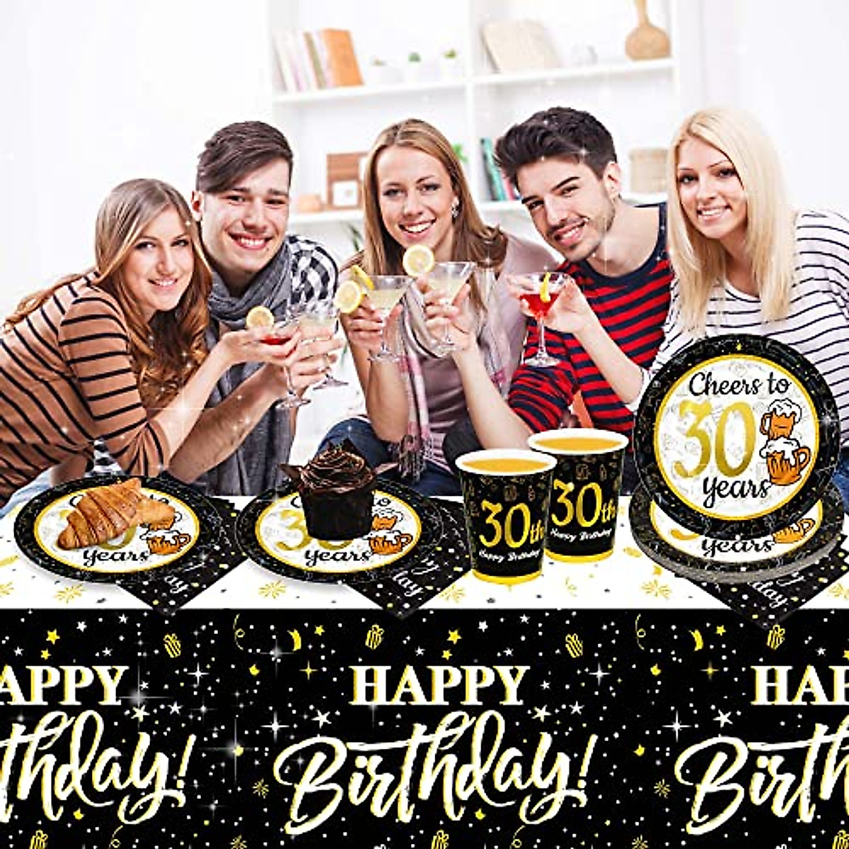 30th birthday decorations for him her - (Total 169pcs) black gold Birthday supplies Plates and Napkins, Cups, Knives, Forks, Spoons Included, tablecloth, Disposable Tableware for 24 Guests
