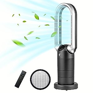 Ocean Loong Bladeless Tower Fan and Air Purifier in one, 9 Speeds & 9 Hs Timer Quiet Cooling Fan, 120 ° Oscillating Bladeless Fan with Remote, 29 inch Powerful Floor Fan for Bedroom Room -Gray