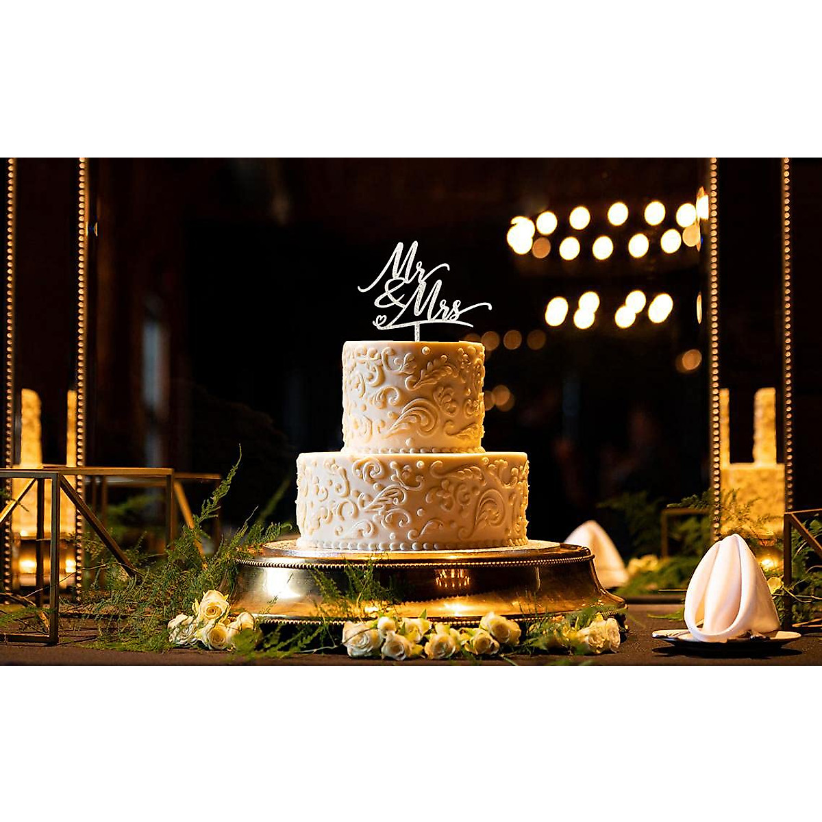 Mr & Mrs Cake Topper, Silver Glitter Wedding - Anniversary - Bridal Shower Cake Decor, Rustic Chic Bride and Groom Cake Topper