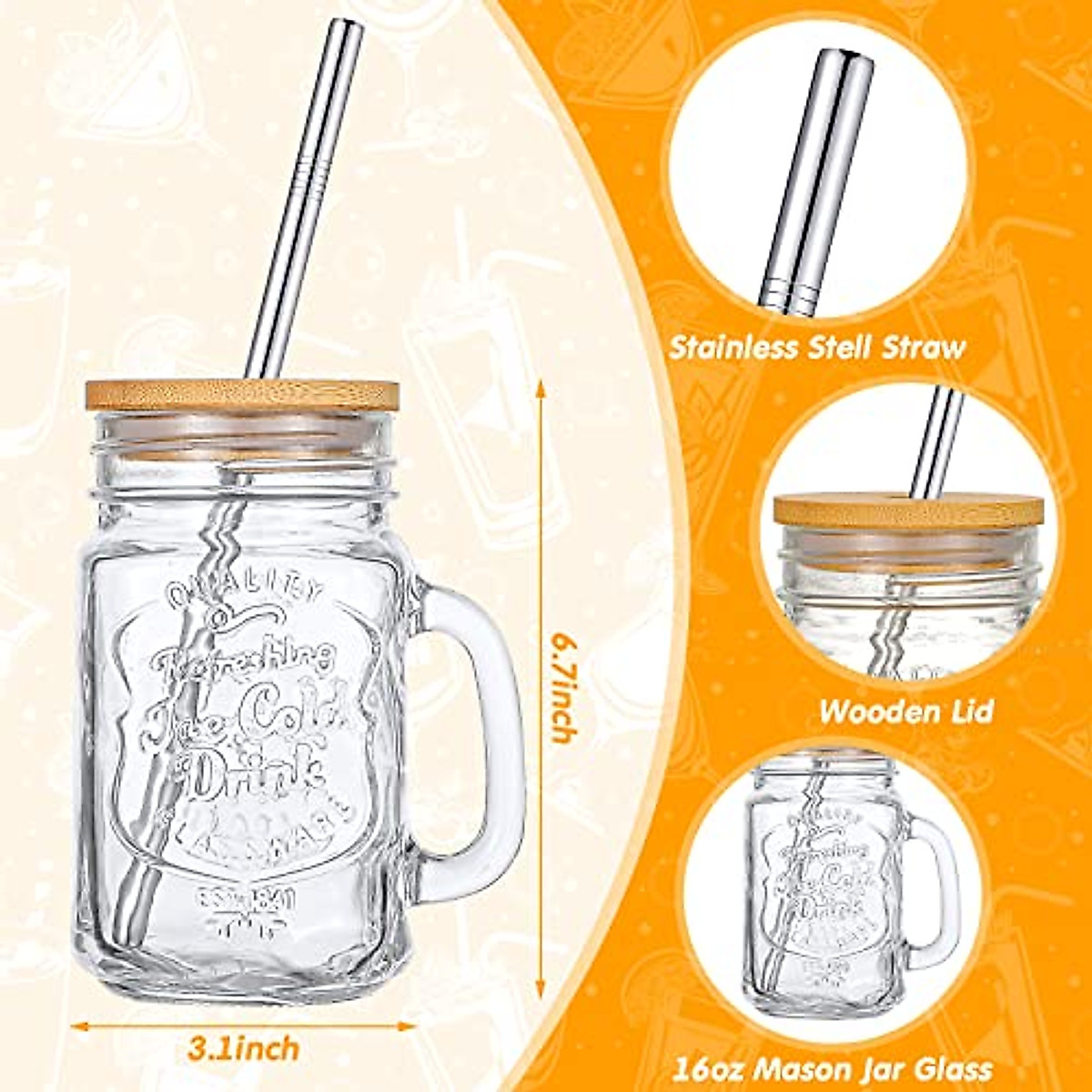 16 oz Jar Glass Mugs Cups with Handle Bamboo Lids Straws and Brush Set 3 Regular Mouth Jar Cups Juices Drinking Glasses Bottles 3 Bamboo Lids 3 Straws 1 Cleaning Brush Reusable Set Gift