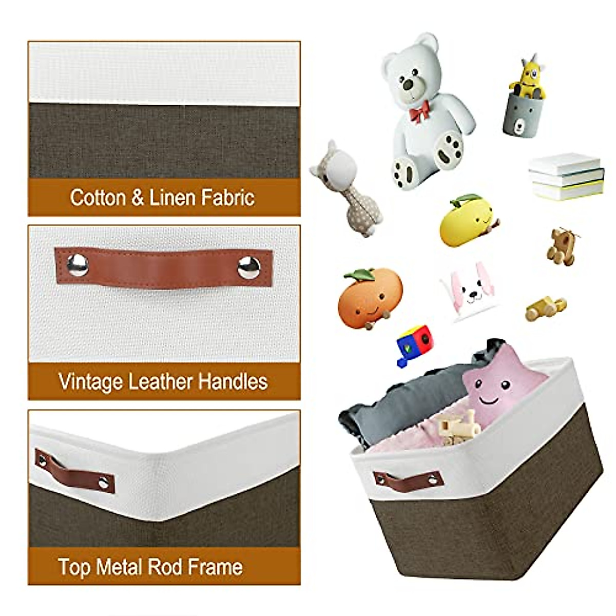 D.K AMZ Foldable Storage Bins with Handles, Rectangle Fabric Storage Basket for Shelves, Collapsible Closet Organizer for Home Office, 3 pack-15 x 11 Inches, Beige and Brown (YMXHZ019004)