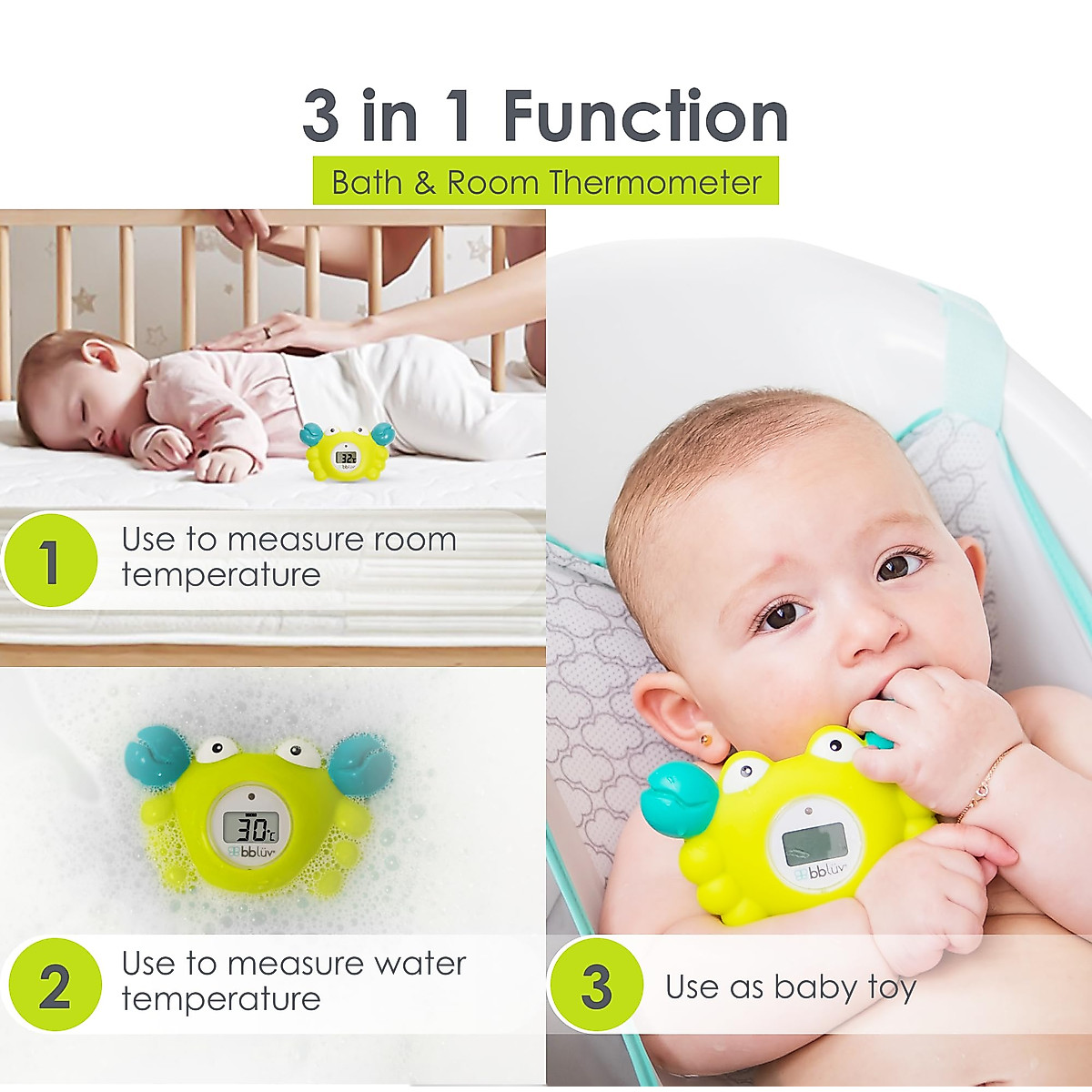 bblüv Kräb | 3-in-1 | Baby Bath Thermometer | Floating Baby Water Thermometer & Room Thermometer | Bathtime Toy for Accurate Celsius Measurement