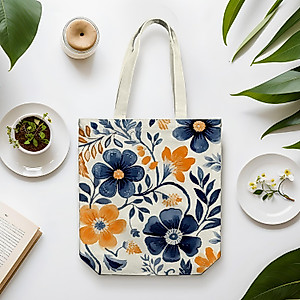 Canvas Tote Bag With Zipper Floral Tote Bag Women Canvas Tote Bag Pocket Handles Double-Sided Pattern Flower Book Tote Shoulder Bag Canvas Bag for Grocery Shopping Travel Commuting Daily College Gifts