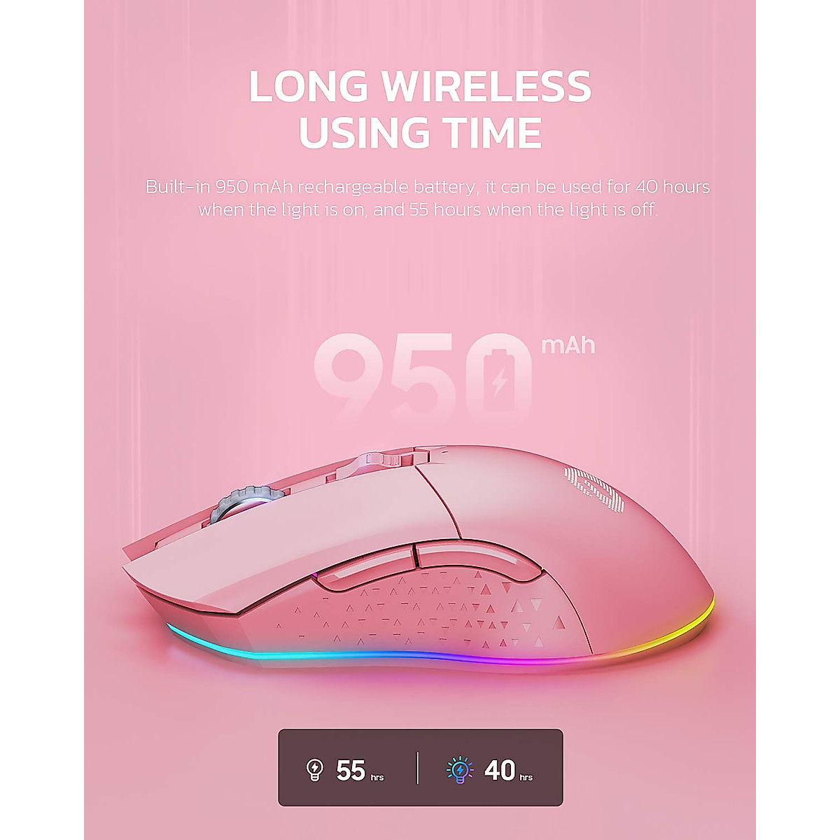 DAREU Pink Wireless Wired Gaming Mouse Dual-Mode Rechargeable 7 Programmable Buttons,10K DPI,RGB and 7 Adjustable DPI Levels up to [150IPS] [1000Hz Polling Rate] for PC Notebook Mac