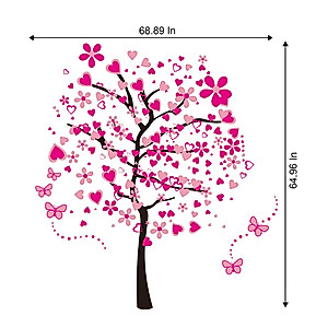 RW-1306 Creative Pink Flowers Tree Wall Decals Peach Blossom Love Heart Wall Stickers DIY Removable Cherry Floral Butterfly Dot Wall Decor for Girls Women Bedroom Living Room Nursery Office Decoration