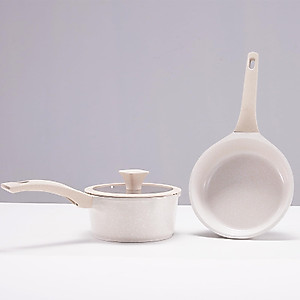 Vkoocy Non Stick Pots and Pans Set, Healthy Ceramic Cookware Set, 3pcs Kitchen Cooking Pots and Frying Pan Saucepans Set, PFAS-Free, Taupe