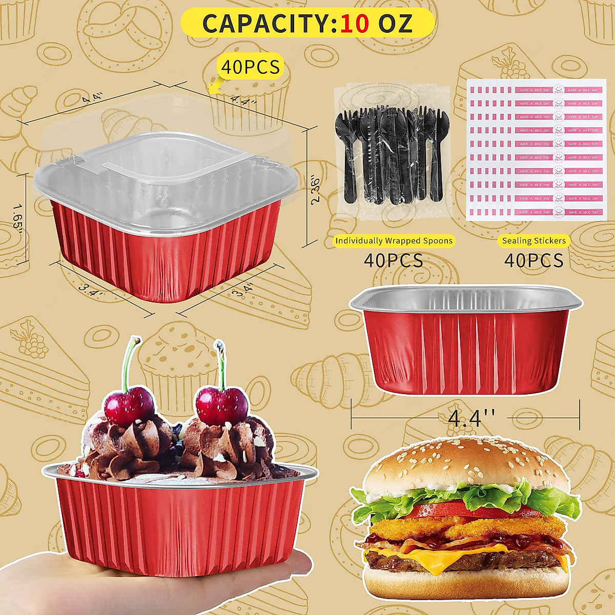 HEYYUMI 10oz Aluminum Foil Brownie Pans with Lids, 40 Pack Square Cake Pans, Disposable Ramekins Cupcake Cups Containers,Mini Cake Baking Pans,Large Muffin Tin Holder for Catering Gathering - Red