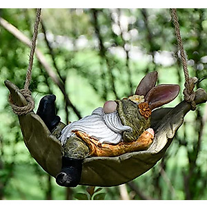 Gardenfans Garden Gnomes Statue Outdoor Decoration Hanging Tree Outside Swinging Leaf Hammock Figurine Resin Fairy Garden Decor for Patio Yard