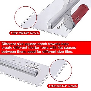 Goldblatt 2-Piece Notch Trowel Set, 1/8"X1/8" Square & 1/4"X1/4" Square, Made of Premium Stainless Steel with Soft Grip Handle, Perfect for Masonry Tile Work