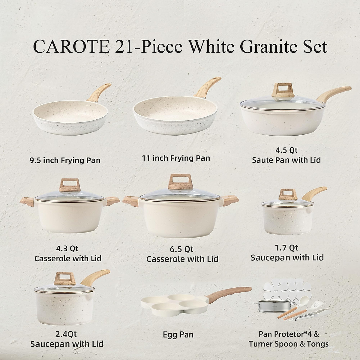 CAROTE 21Pcs Pots and Pans Set, Nonstick Cookware Sets, White Granite Induction Cookware Non Stick Cooking Set w/Frying Pans & Saucepans(PFOS, PFOA Free)