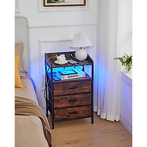 Hzuaneri Nightstands with LED Lights and Charging Station, End Table with 3 Fabric Storage Drawers and Shelves, Modern Side Table, Bedside Tables for Bedroom, Set of 2, Rustic Brown NS31101B