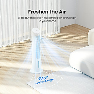 TOSOT Tower Fan Oscillating 80°, Cooling Fan with 2 Ice Packs, CFM 360m³/h, 3 Speed Quiet Fan with Remote Control, 7 Hours Timer, Humidifiers with Removable 4L Water Tank, Floor Fan for Home Bedroom