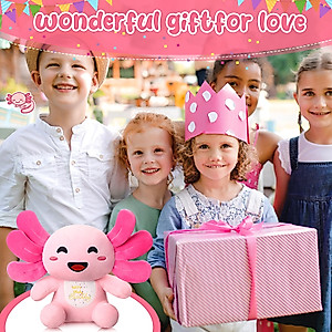 HyDren 10 Inch Happy Plushy Birthday Plush Pink Axolotl Plush Soft Cute Stuffed Animal Plush Pillow Kawaii Birthday Gifts for Kids Girls Party Favor Bedroom Home Decor