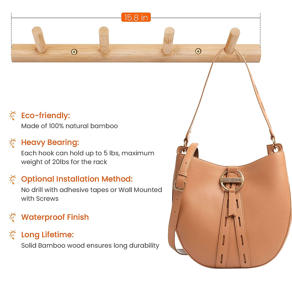 Homode Modern Bamboo Wooden Entryway Coat Hooks, Bathroom Kitchen Towel Rack, Wall Mounted Coat Rack Hat Hanger with 4 Hanging Pegs (Natural)