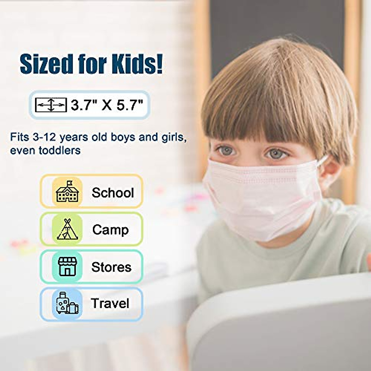 Kids Disposable Face Masks, Children 3-Ply Breathable Cute Safety Mask, Protective Mask with Elastic Ear Loops for Boys Girls