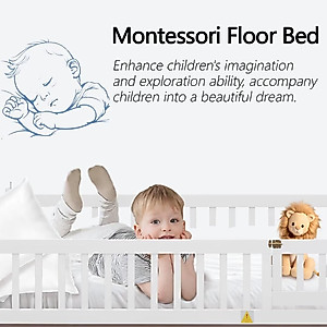 TURRIDU Twin Size Montessori Floor Bed with Fence and Door, House-Shaped Headboard Floor Bed with Full-Length Guardrails, Floor House Bed for Children Girls Boys, No Weight Limit, White