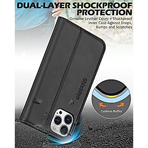 SHIELDON Case for iPhone 13 Pro Max 5G, Genuine Leather Wallet Case Magnetic Folio Shockproof Cover Kickstand RFID Credit Card Holder Compatible with iPhone 13 Pro Max 5G (6.7" 2021 Release) - Black