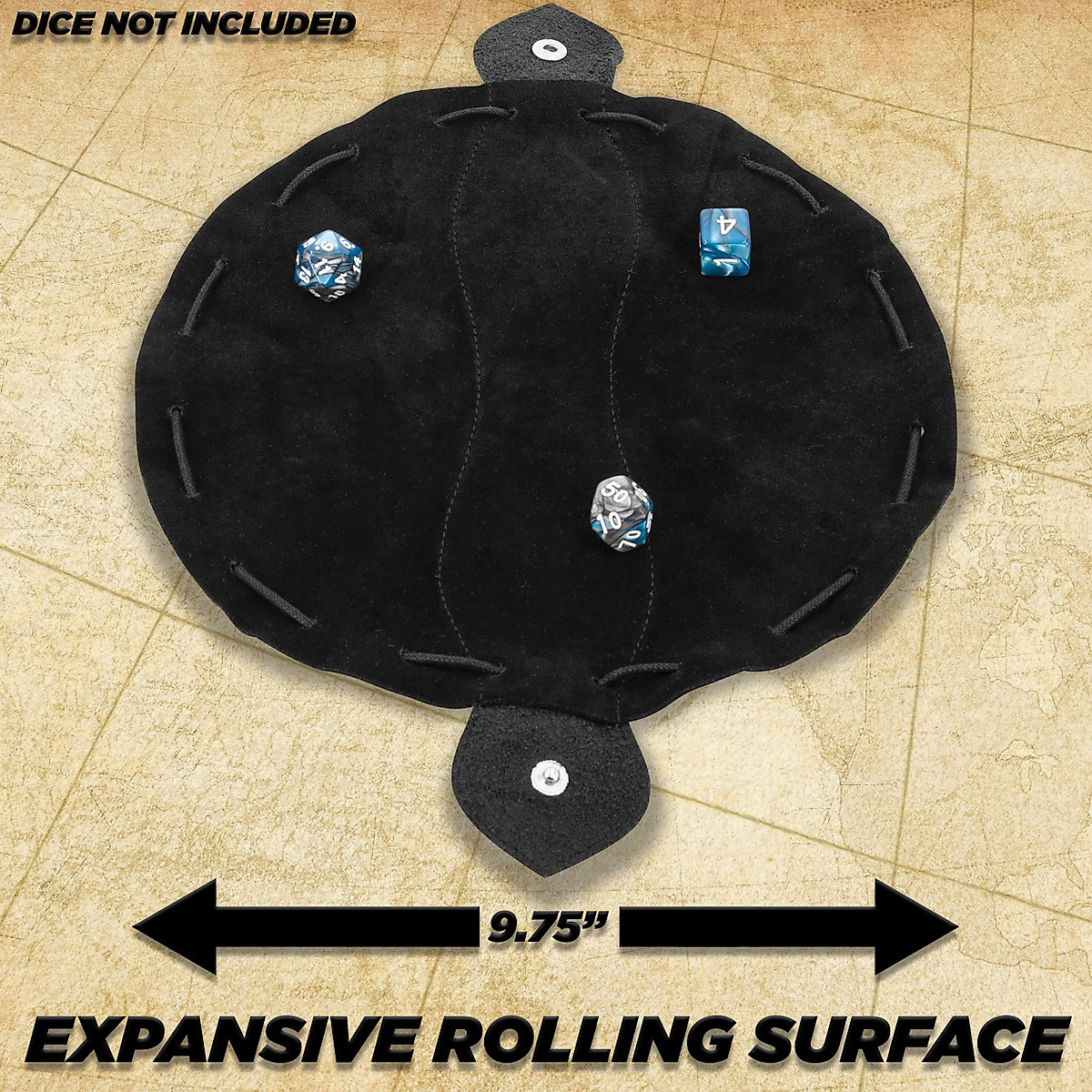 CASEMATIX Leather Dice Bag and Dice Rolling Tray for 50+ RPG Dice - Black DND Dice Bag Leather Drawstring Pouch with Non-Scratch Fabrics, Metal Hardware and Debossed Serpent Design