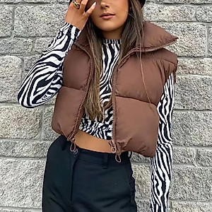 KEOMUD Women's Winter Crop Vest Lightweight Sleeveless Warm Outerwear Puffer Vest Padded Gilet Brown Medium