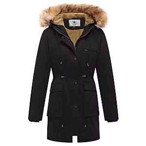 WenVen Women's Winter Padded Coat Canvas Hooded Military Jacket (Black, 2XL)
