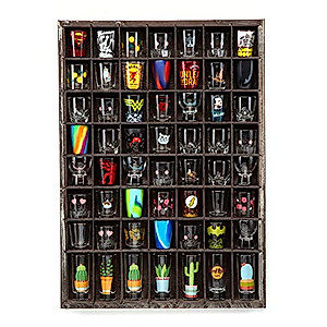 J JACKCUBE DESIGN - Rustic Wood Shot Glasses Display Case 56 Compartments Wall Mount Pint glass Shadow box Bar Cabinet Collection Freestanding - MK524A