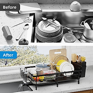 HAYOLPORS Dish Drying Rack - Expandable Dish Rack for Kitchen Counter with Drainboard, Rustproof Large Dish Drainer with Utensil Holder Cup Rack for Kitchen Sink, Black