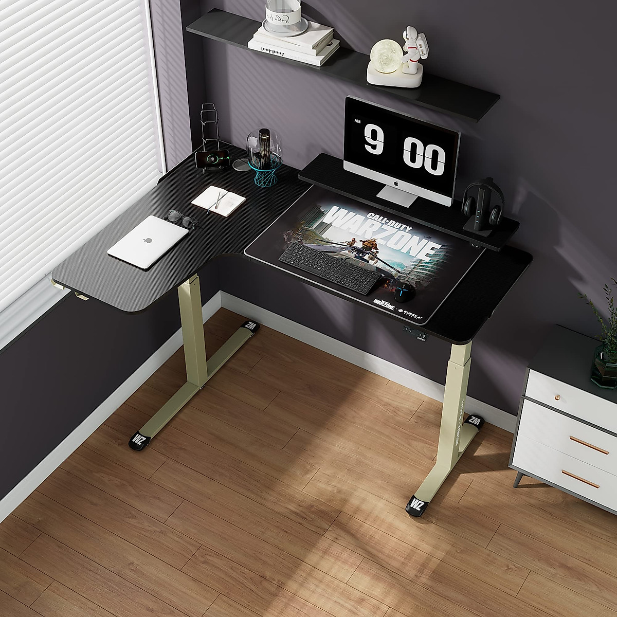 L Shaped Electric Height Adjustable Standing Desk Keyboard Tray,61" Stand Up Corner Computer Desk,Dual Motor Sit Stand Home Office Desk with Monitor Riser Memory Preset Mouse Pad RGB Lights
