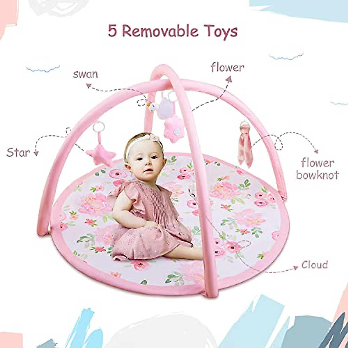 Baby Gym Infant Play Mat for Newborn Toddler Activity Gym Baby Play Gym with 5 Toys, Thicker Mat Washable